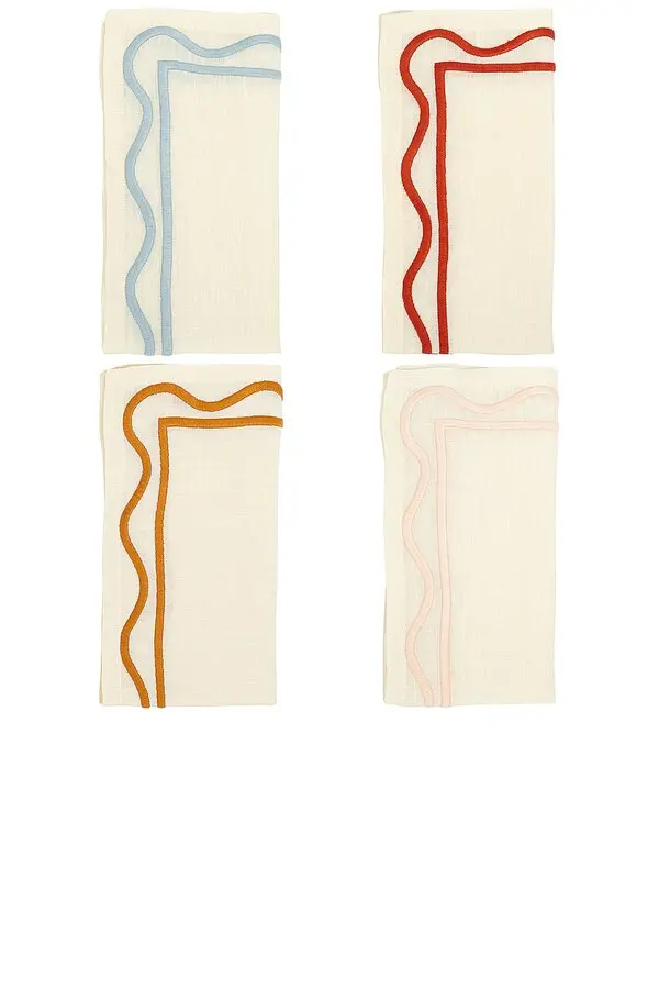 MISETTE Embroidered Linen Napkins Set Of 4 In Cream - Colorblock Multicolor