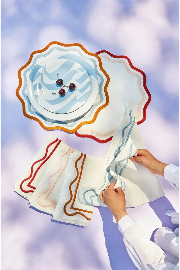 MISETTE Embroidered Linen Napkins Set Of 4 In Cream - Colorblock Multicolor