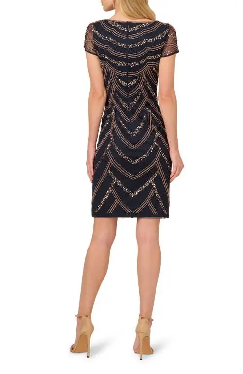 Adrianna Papell Beaded Cocktail Dress Navy/Rosegold Editorialist
