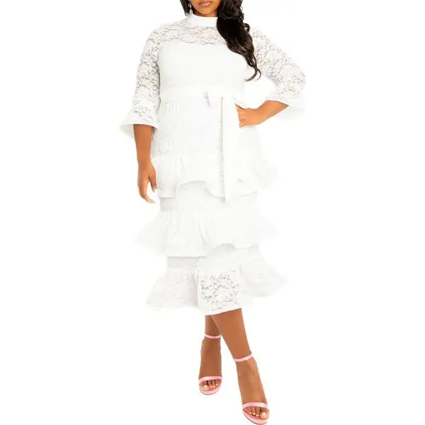 BUXOM COUTURE Tiered Lace Maxi Dress - White