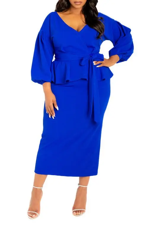 BUXOM COUTURE Convertible Shoulder Belted Peplum Midi Dress - Royal Blue