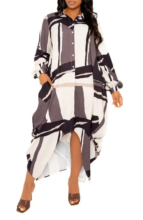 BUXOM COUTURE Drape Maxi Shirt Dress - Beige Multi