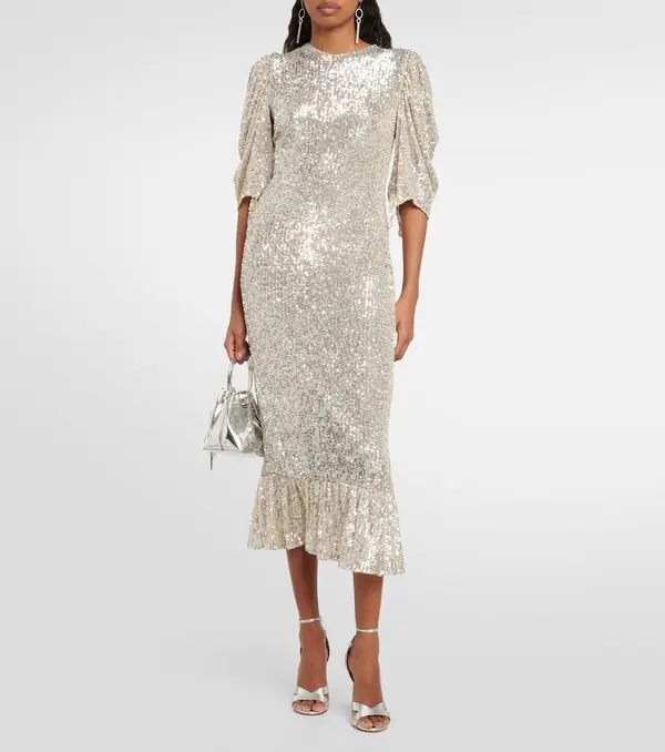 ROBERTA EINER Drama Sequined Midi Dress - Silver