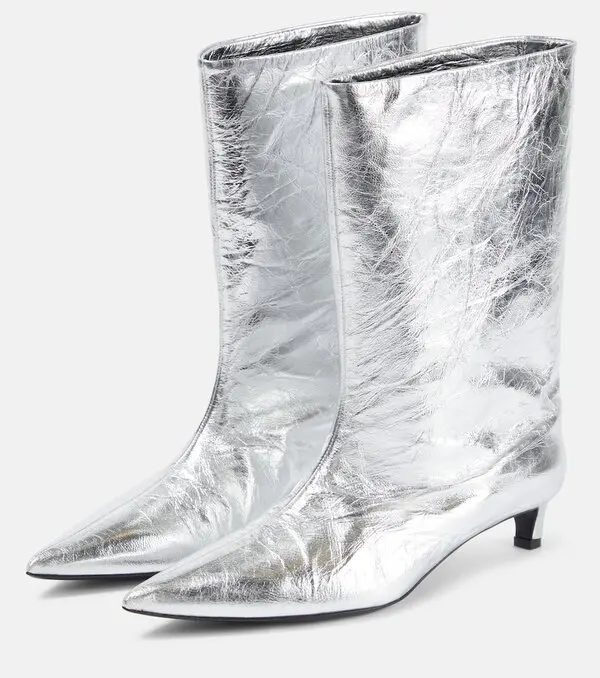 JIL SANDER Metallic Leather Ankle Boots - Silver