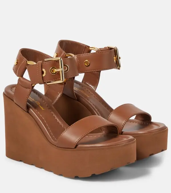 GIANVITO ROSSI Leather Platform Wedge Sandals - Brown