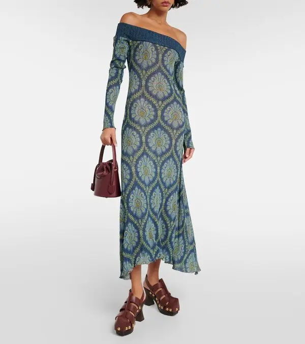 Etro Printed Off-shoulder Midi Dress
