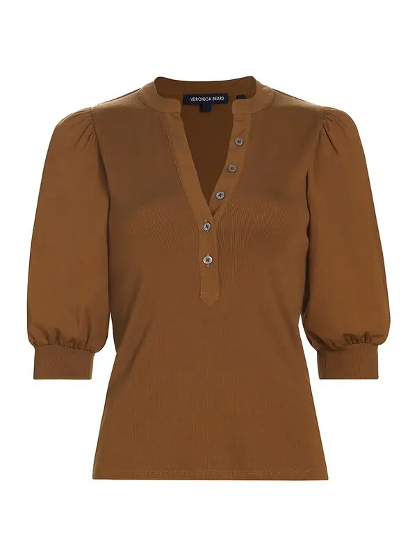 Veronica Beard Coralee Ribbed Puff-sleeve Top - Ochre