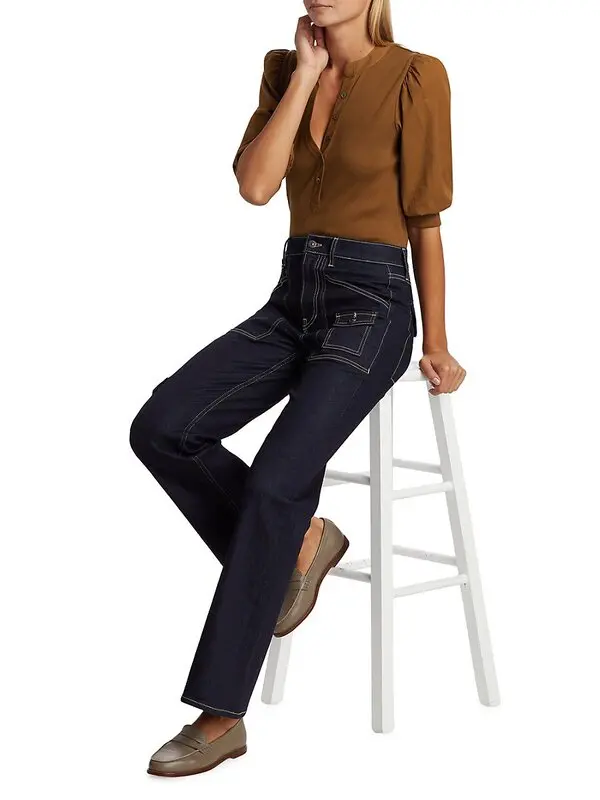 Veronica Beard Coralee Ribbed Puff-sleeve Top - Ochre