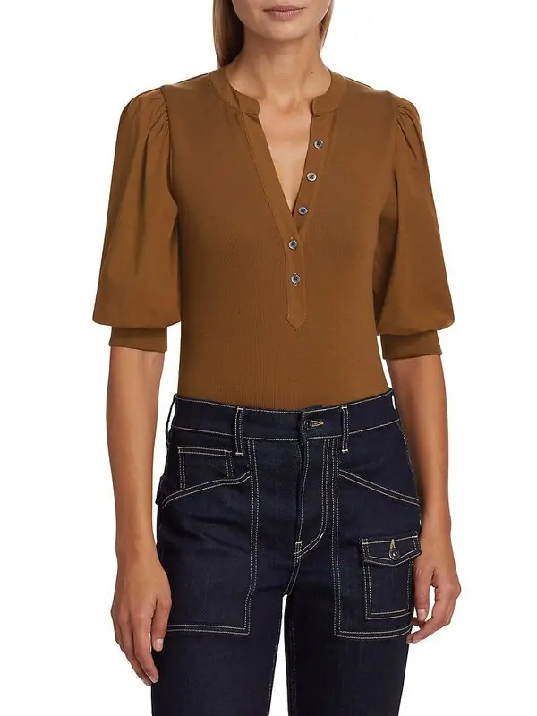 Veronica Beard Coralee Ribbed Puff-sleeve Top - Ochre