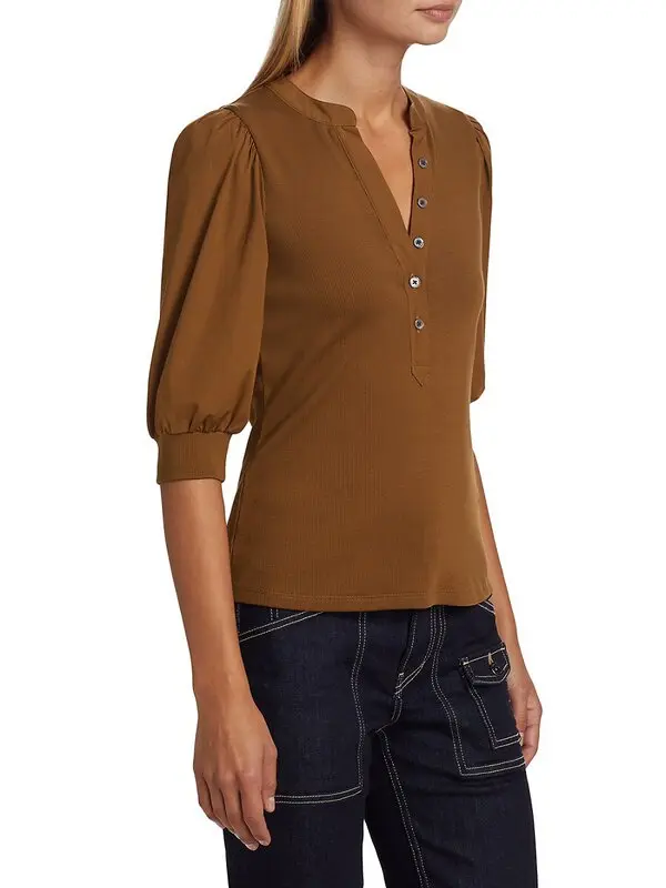 Veronica Beard Coralee Ribbed Puff-sleeve Top - Ochre