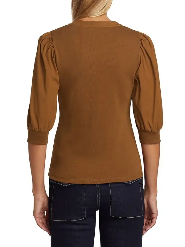 Veronica Beard Coralee Ribbed Puff-sleeve Top - Ochre