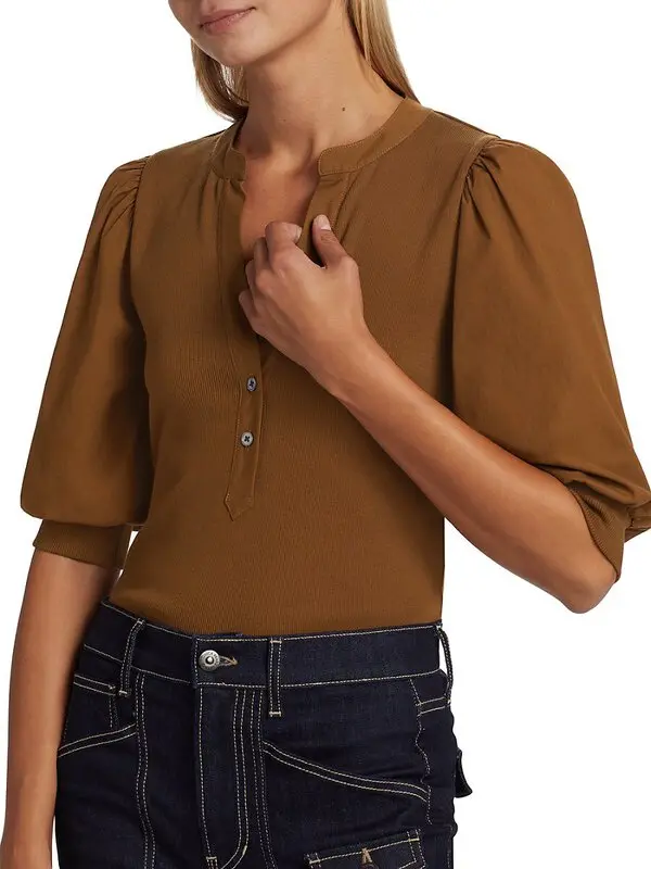 Veronica Beard Coralee Ribbed Puff-sleeve Top - Ochre