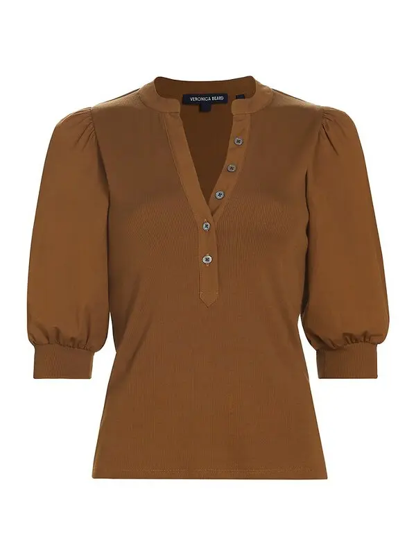 Veronica Beard Coralee Ribbed Puff-sleeve Top - Ochre