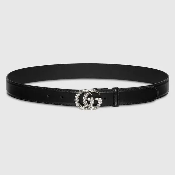 Gucci Gg Marmont Thin Belt With Crystals - Black
