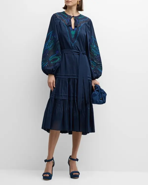 Kobi Halperin Val Embroidered Blouson-Sleeve Midi Dress Navy
