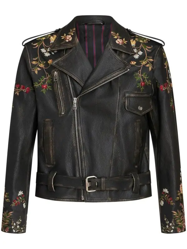 Etro Floral-embroidered Leather Biker Jacket