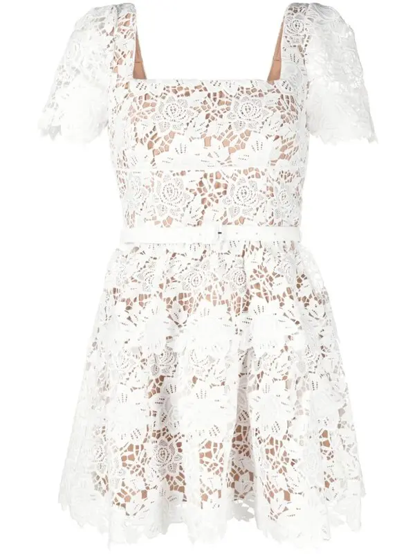 SELF-PORTRAIT Belted Guipure Lace Minidress - White
