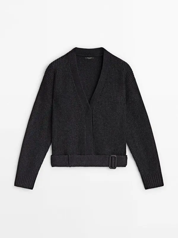 Massimo Dutti Wool Blend Knit Cardigan With Belt In Anthracite