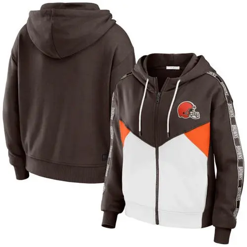 WEAR BY ERIN ANDREWS White Cleveland S Color Block Light Weight Modest Crop Full-zip Hoodie - Brown
