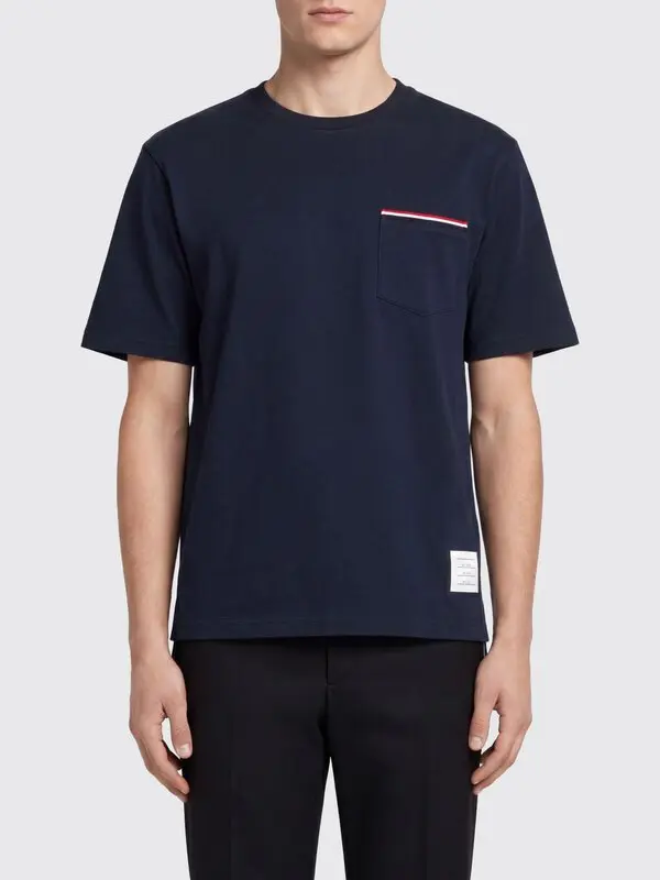 Thom Browne 4-bar Cotton T-shirt With Patch Pocket - Blue
