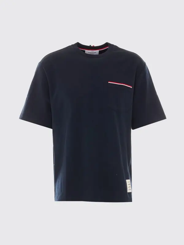 Thom Browne 4-bar Cotton T-shirt With Patch Pocket - Blue