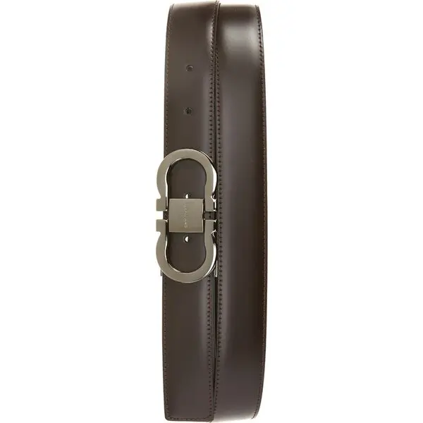 FERRAGAMO Double Gancio Leather Belt - Hickory Nero