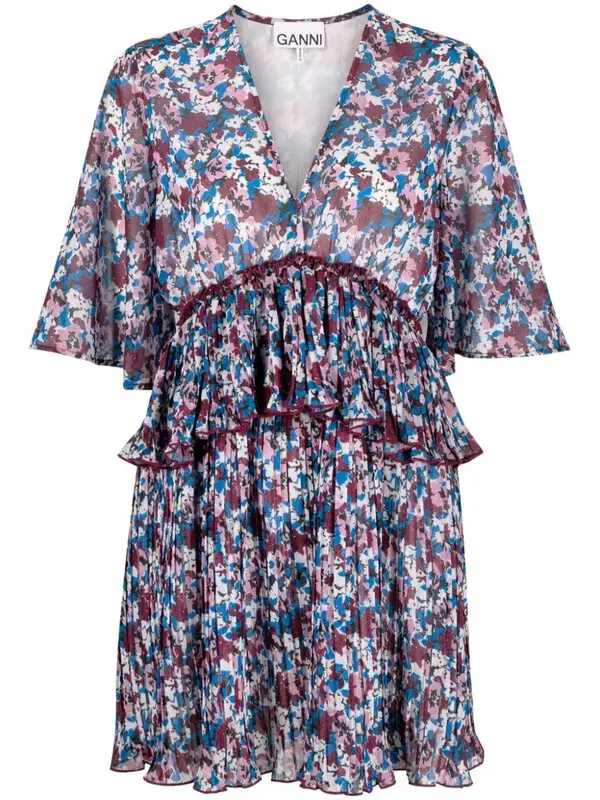 GANNI Pleated Floral-print Minidress - Blue