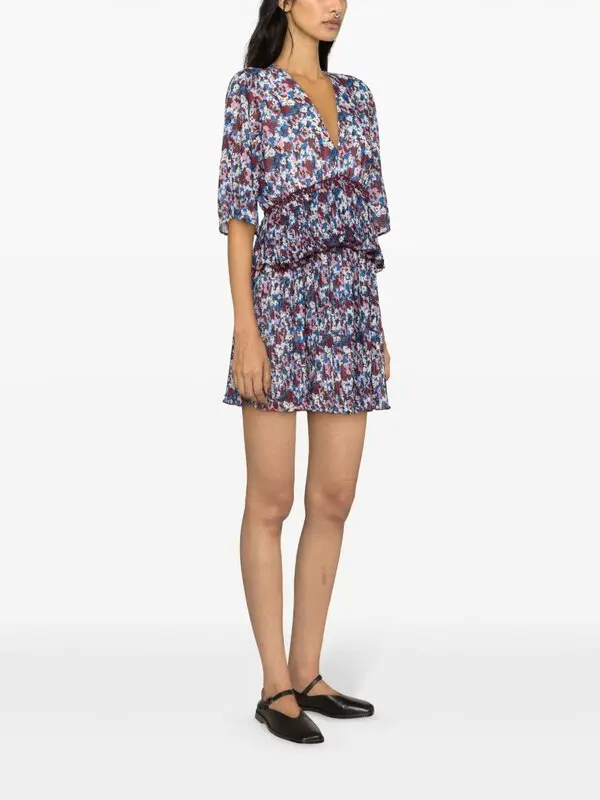 GANNI Pleated Floral-print Minidress - Blue