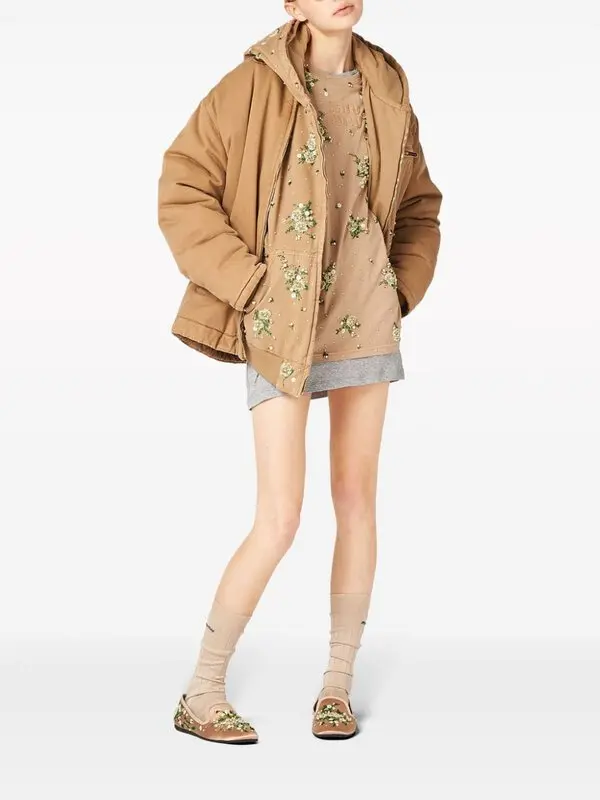 Miu Miu Floral-Embroidered Hooded Jacket - Neutrals | Editorialist