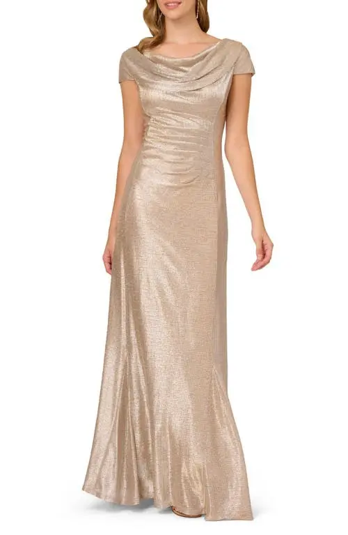 Adrianna Papell Metallic Drape Neck Gown - Alabaster