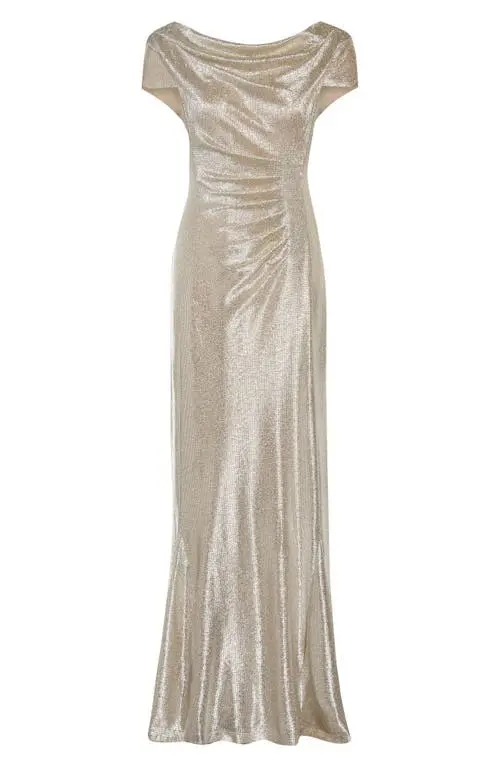 Adrianna Papell Metallic Drape Neck Gown - Alabaster