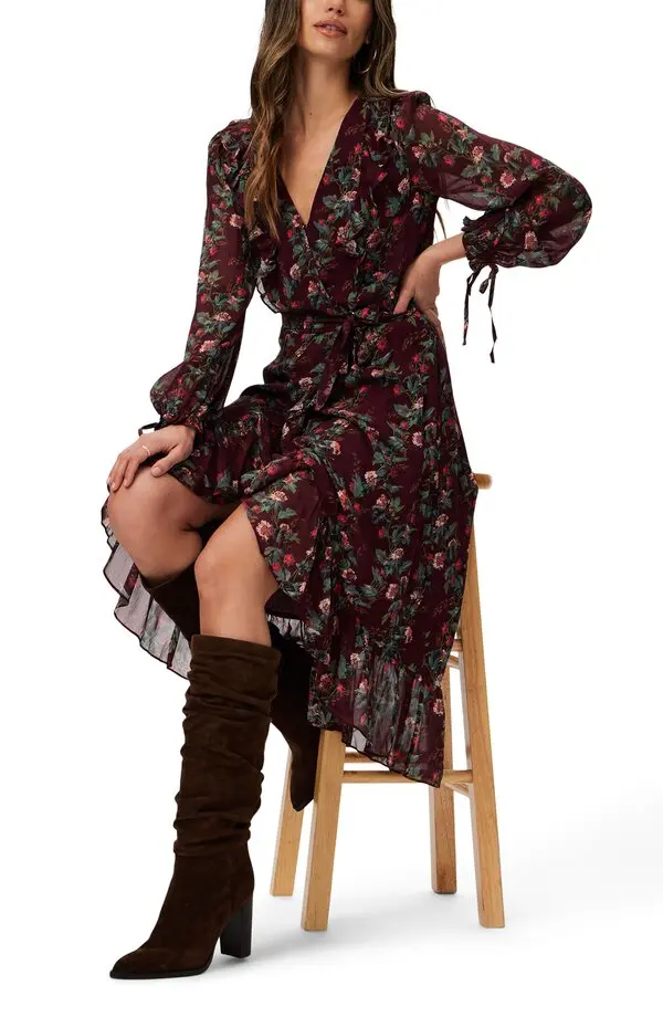 paige long sleeve floral midi dress Paige Black Silk Floral Midi Wrap Dress Size XS