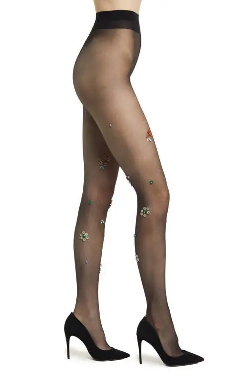HIGH HEEL JUNGLE Arcadia Floral Crystal Sheer Tights - Black