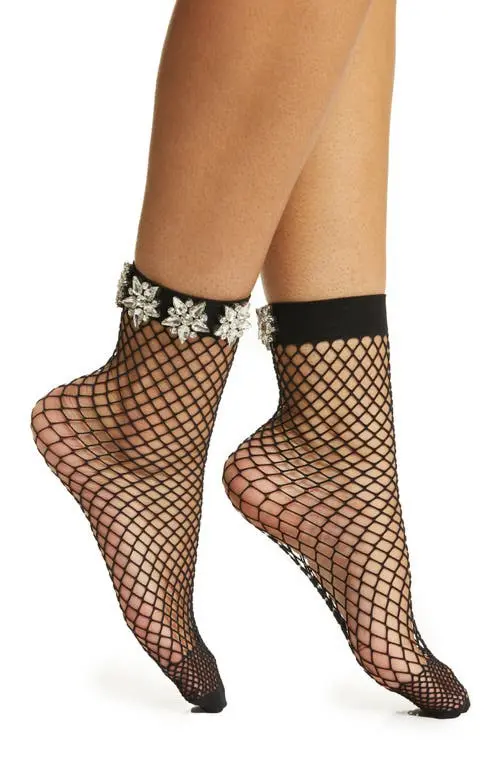 HIGH HEEL JUNGLE Crystal Couture Fishnet Crew Socks - Black