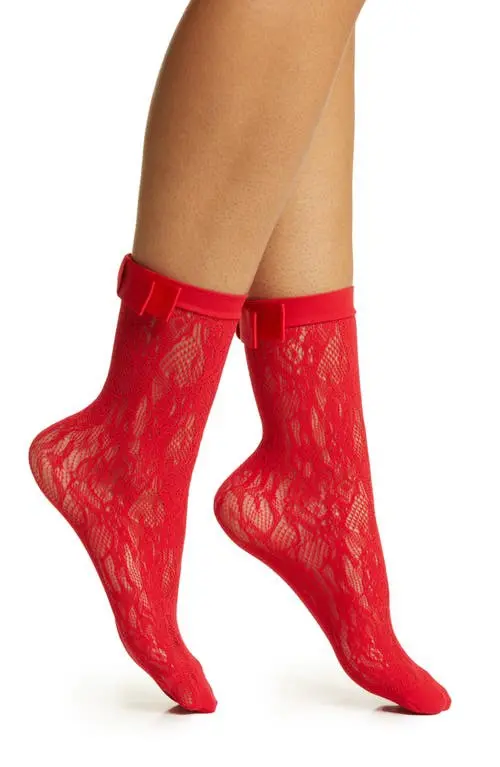 HIGH HEEL JUNGLE Coco Bow Lace Crew Socks - Red