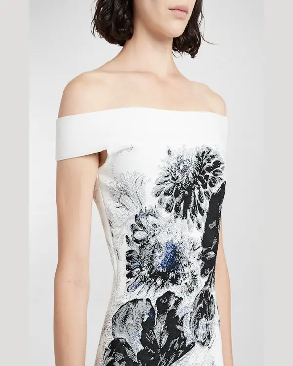 Alexander Mcqueen Off-Shoulder Floral Jacquard Midi Dress White
