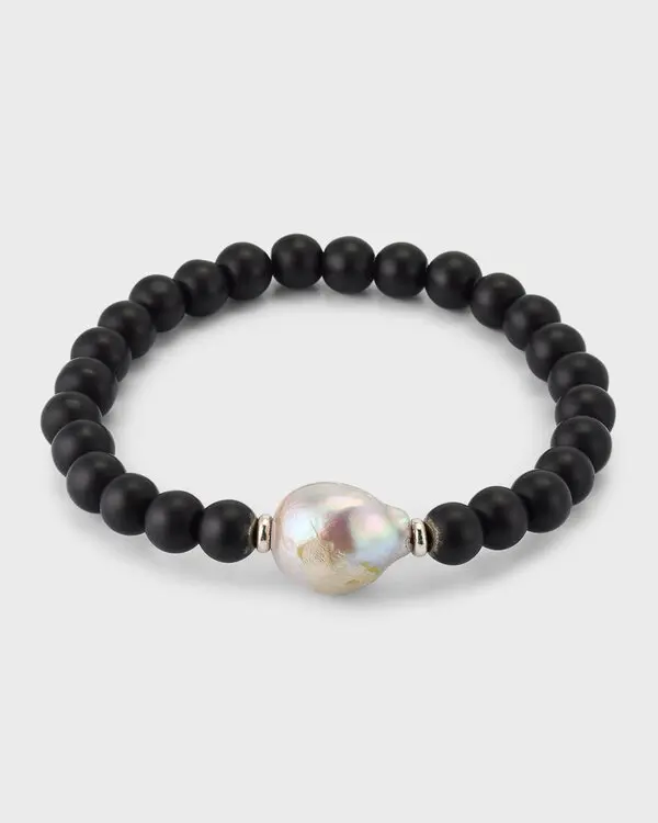 JAN LESLIE Onyx Bead Bracelet With Pearl - Black
