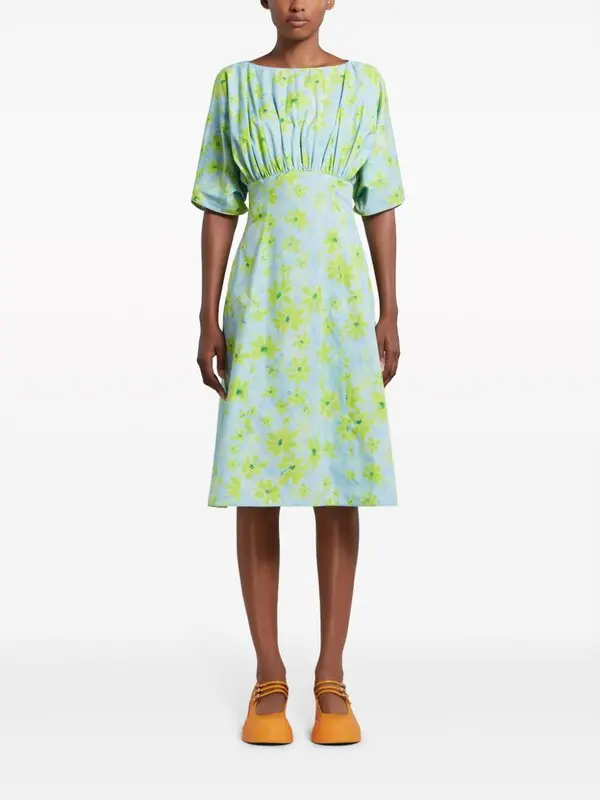 Marni Gathered Floral-print Cotton Dress