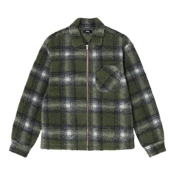 StÜssy Shadow Plaid Sherpa Zip Shirt 'olive - Green