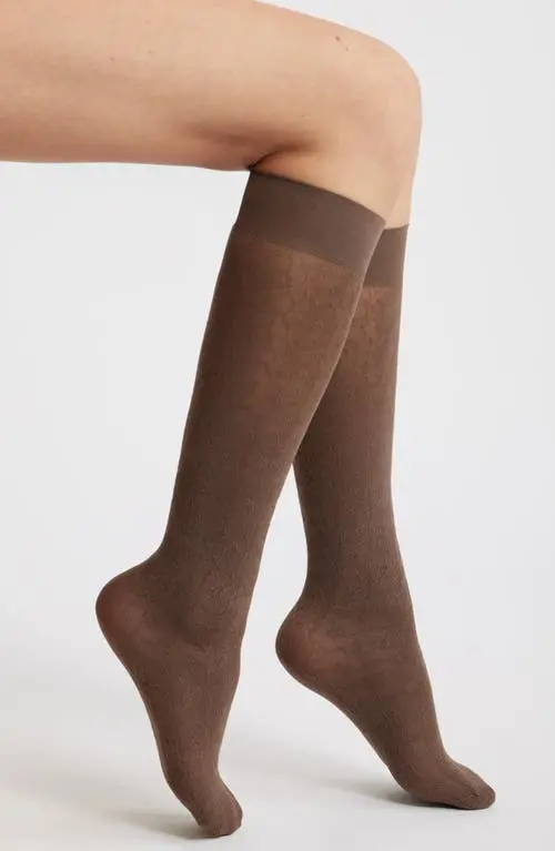HIGH HEEL JUNGLE Maria Floral Lace Knee High Socks - Brown