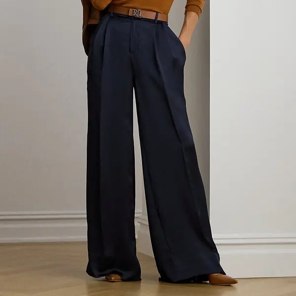 Ralph Lauren Pleated Satin Charmeuse Wide-leg Pants - Lauren Navy