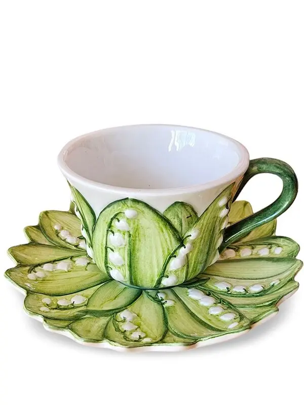 LES-OTTOMANS Lily Of The Valley Ceramic Teacup And Saucer - Green
