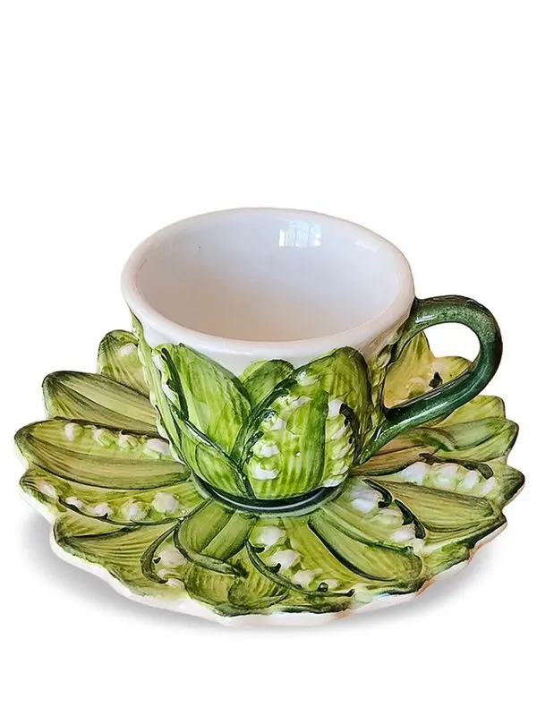 LES-OTTOMANS Lily Of The Valley Ceramic Coffee Cup And Saucer - Green