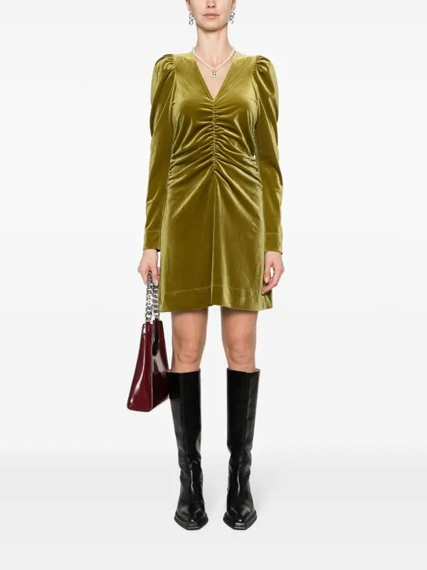Ganni Ruched Velvet Minidress In Green - 81% Off | Editorialist