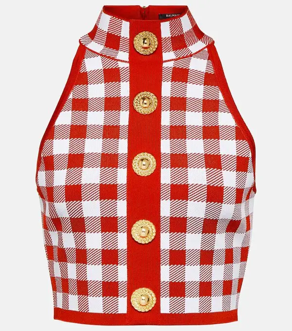 Balmain Checked Crop Top - Red