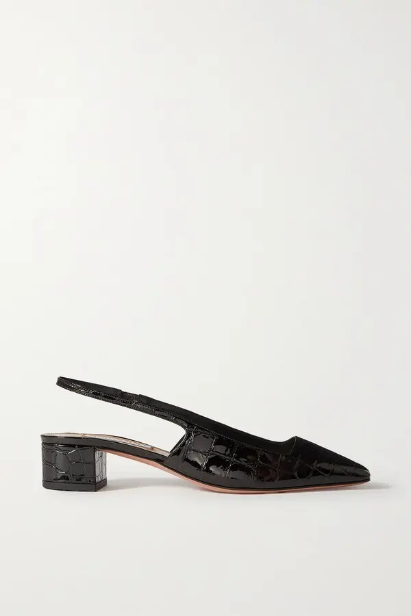AQUAZZURA Ginza 35 Croc-effect Patent-leather Slingback Pumps - Black