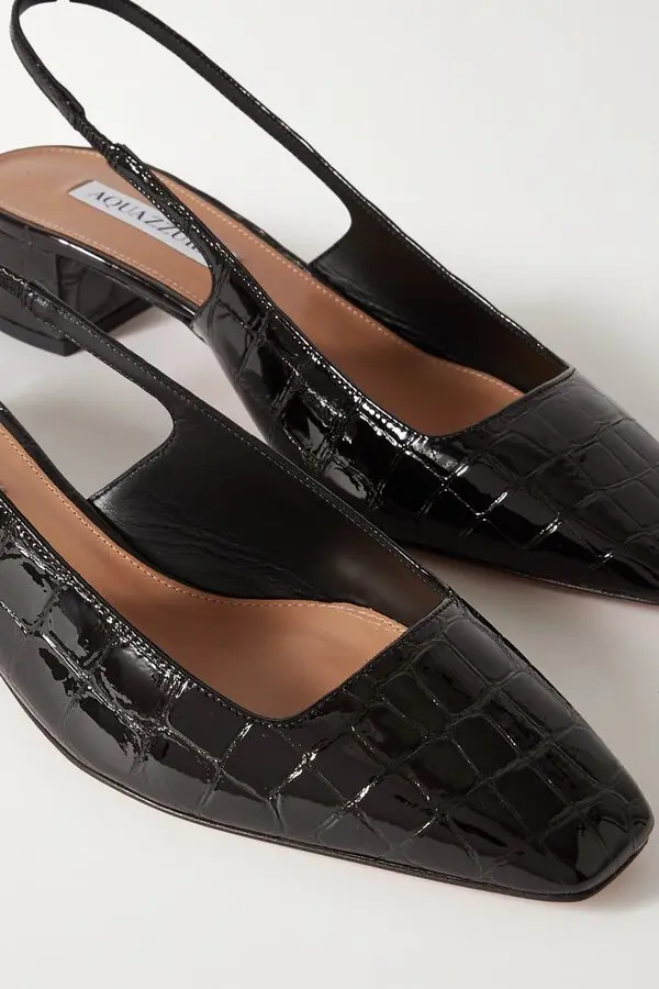 AQUAZZURA Ginza 35 Croc-effect Patent-leather Slingback Pumps - Black