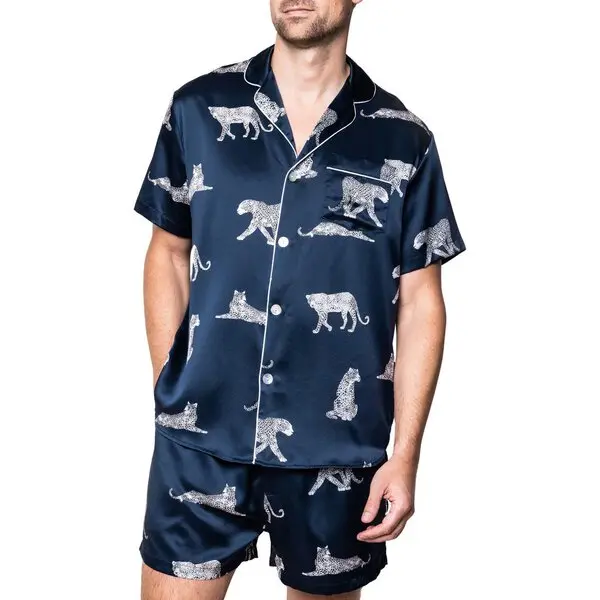 PETITE PLUME Panther Print Silk Short Set - Navy