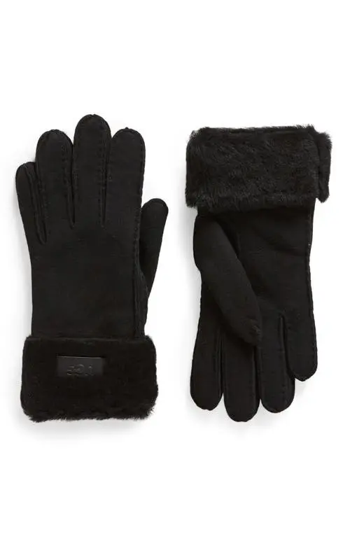 UGG Genuine Shearling Turn Cuff Leather Gloves - Black