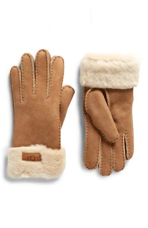UGG Genuine Shearling Turn Cuff Leather Gloves - Chestnut
